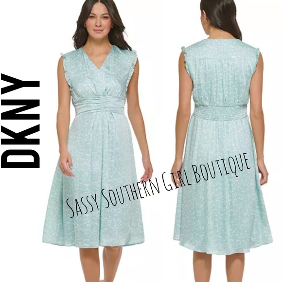 Dkny | Dresses | Dkny Donna Karan Mint Blue Floral Smocked Midi Dress ...